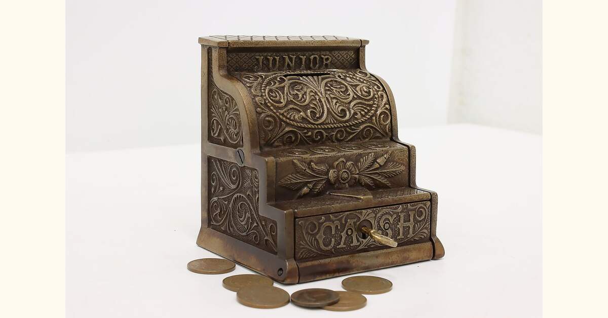 Cast Iron Antique Junior Cash Register Coin Bank, Stevens