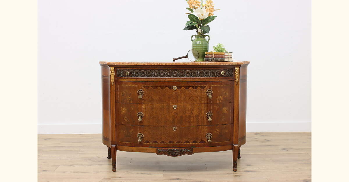 Marble & Rosewood Marquetry Demilune Console Chest, Fuldner
