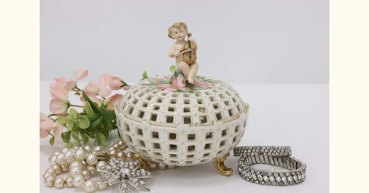 Victorian Antique Painted Porcelain Candy Dish, Cherub
