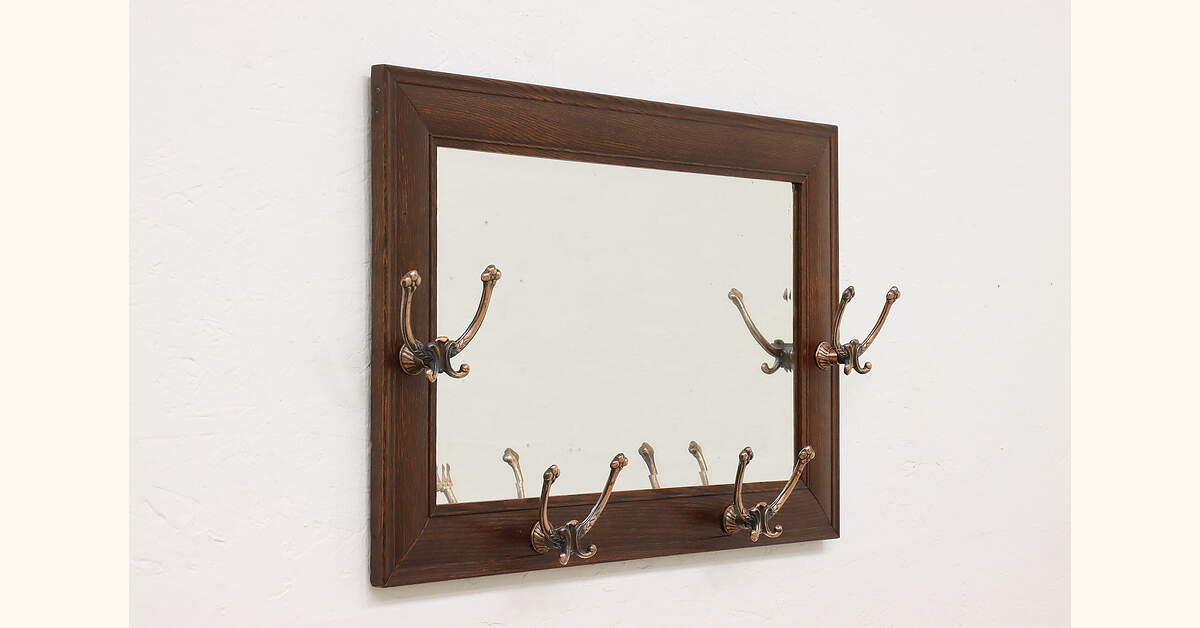 Arts & Crafts Mission Oak Antique Wall Mirror & Hat Rack