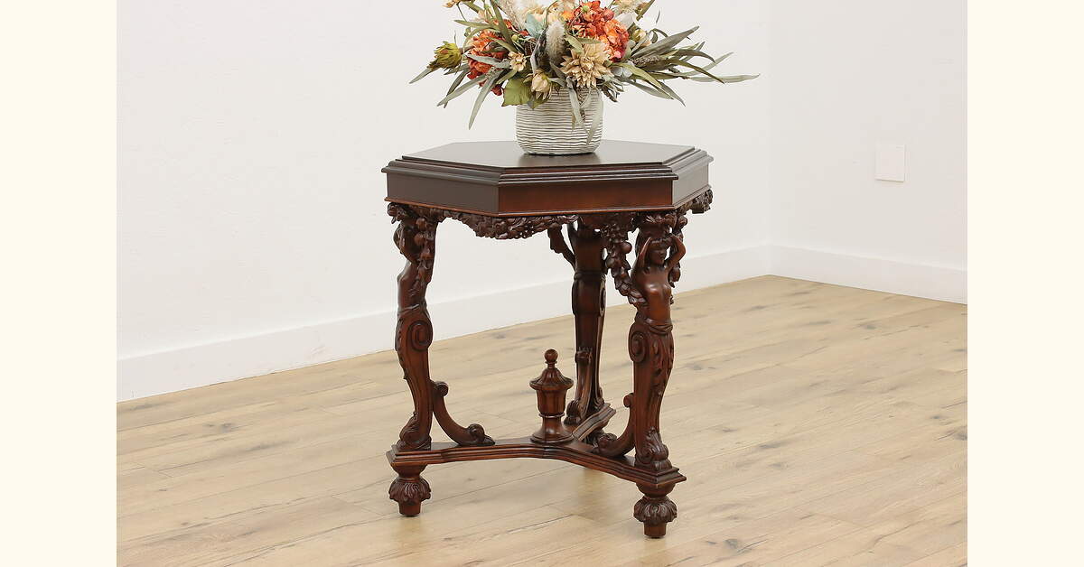 Hexagonal Antique Walnut Hall or End Table, Sculpture Legs