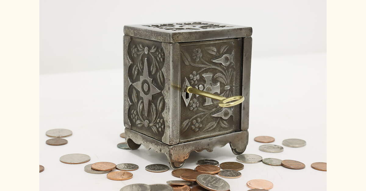 Victorian Antique Cast Iron Locking Coin Bank Safe, Stevens