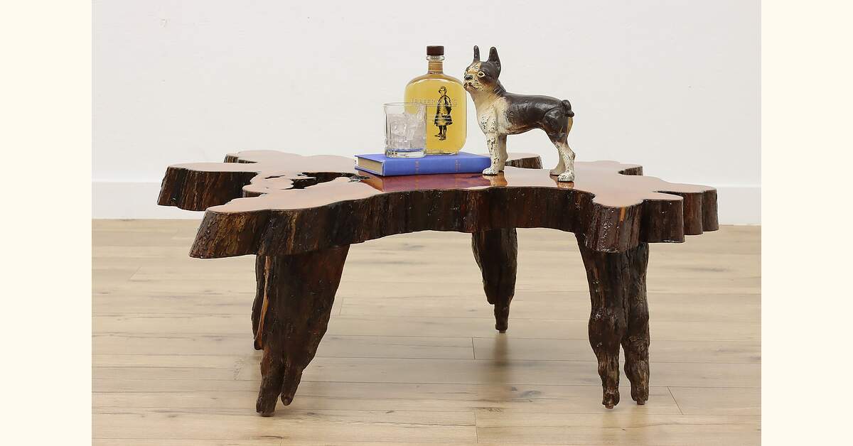Live Edge Vintage Polished Cypress Trunk Slab Coffee Table