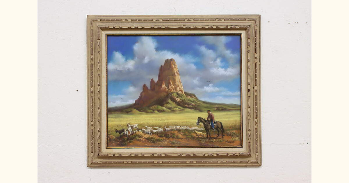 Shiprock Cowboy Vintage Original Pastel Painting Harby 31"