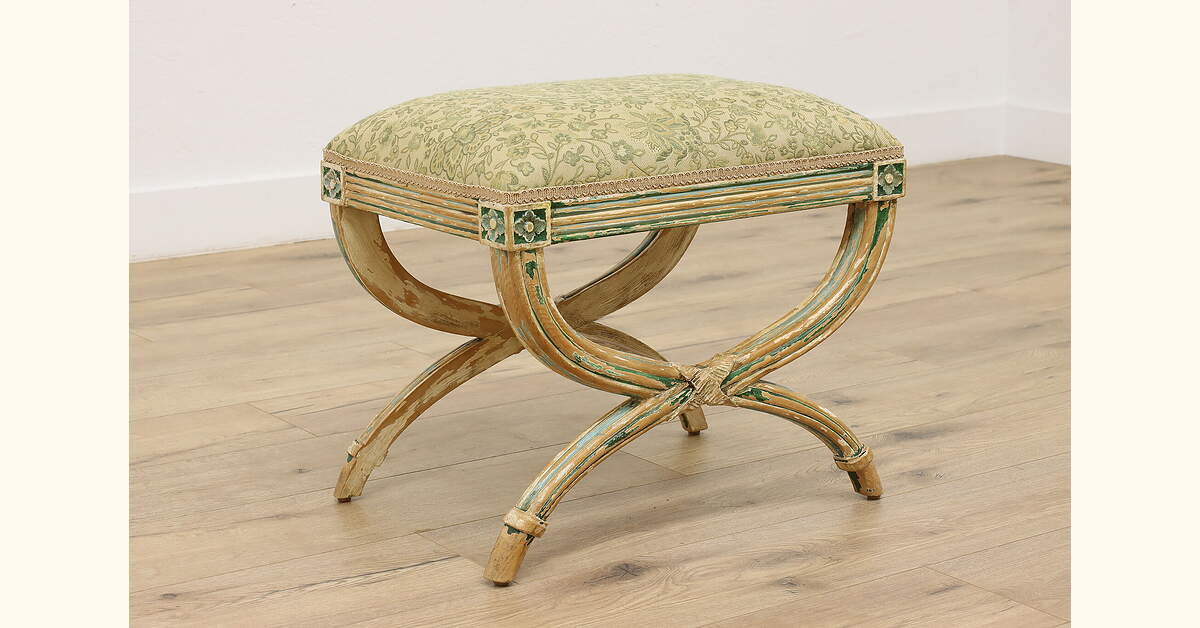 Country French Vintage Whitewash Carved Footstool or Bench