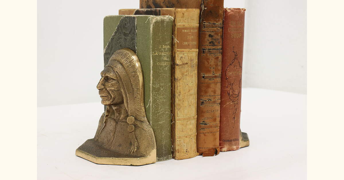 Pair of Vintage Cast Bronze Native American Chief Bookends