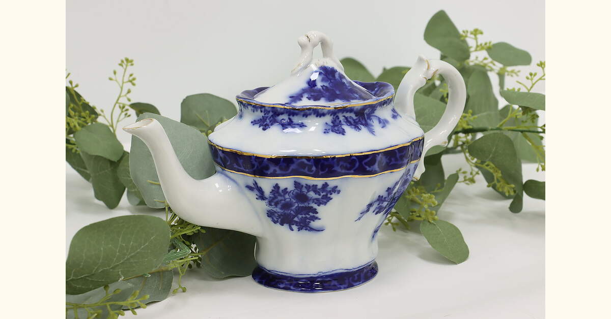 Victorian Design Vintage Flow Blue Porcelain Teapot
