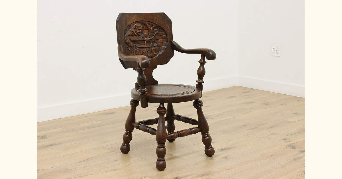 German Vintage Oak Chair, Carved Monk & Beer Scene