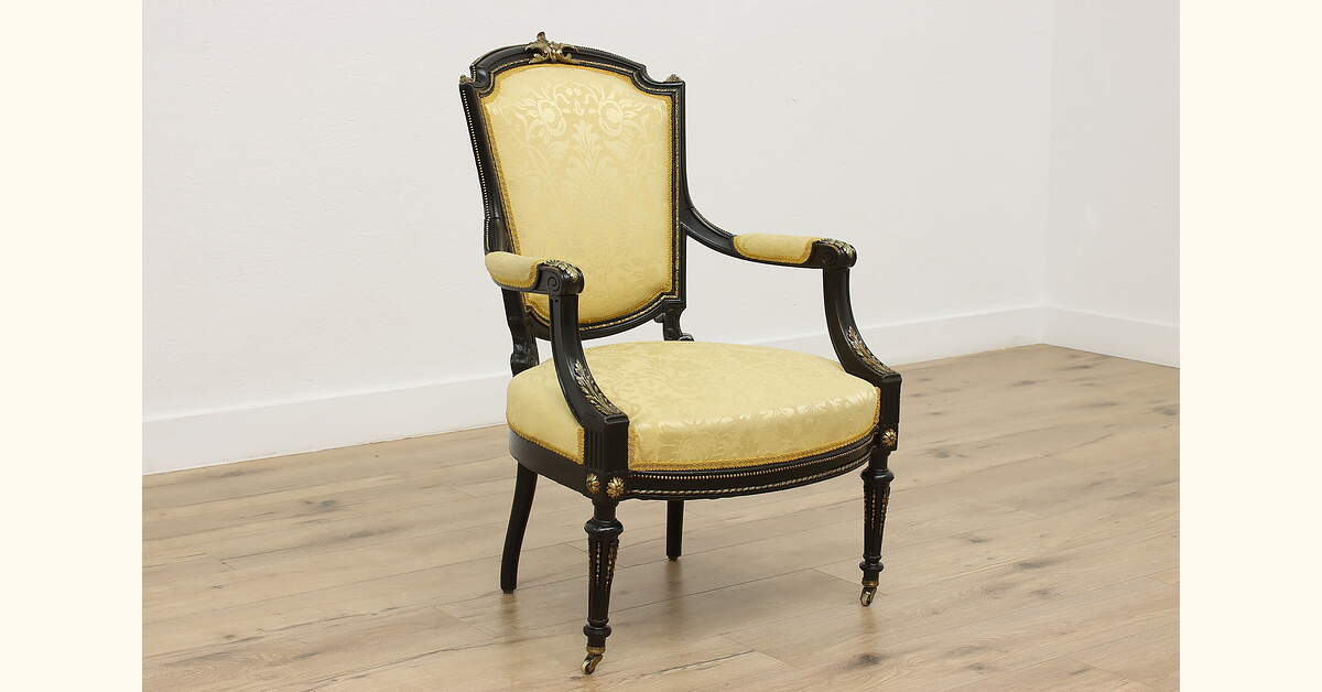 French Antique Ebony Upholstered Library Chair Gold Mounts