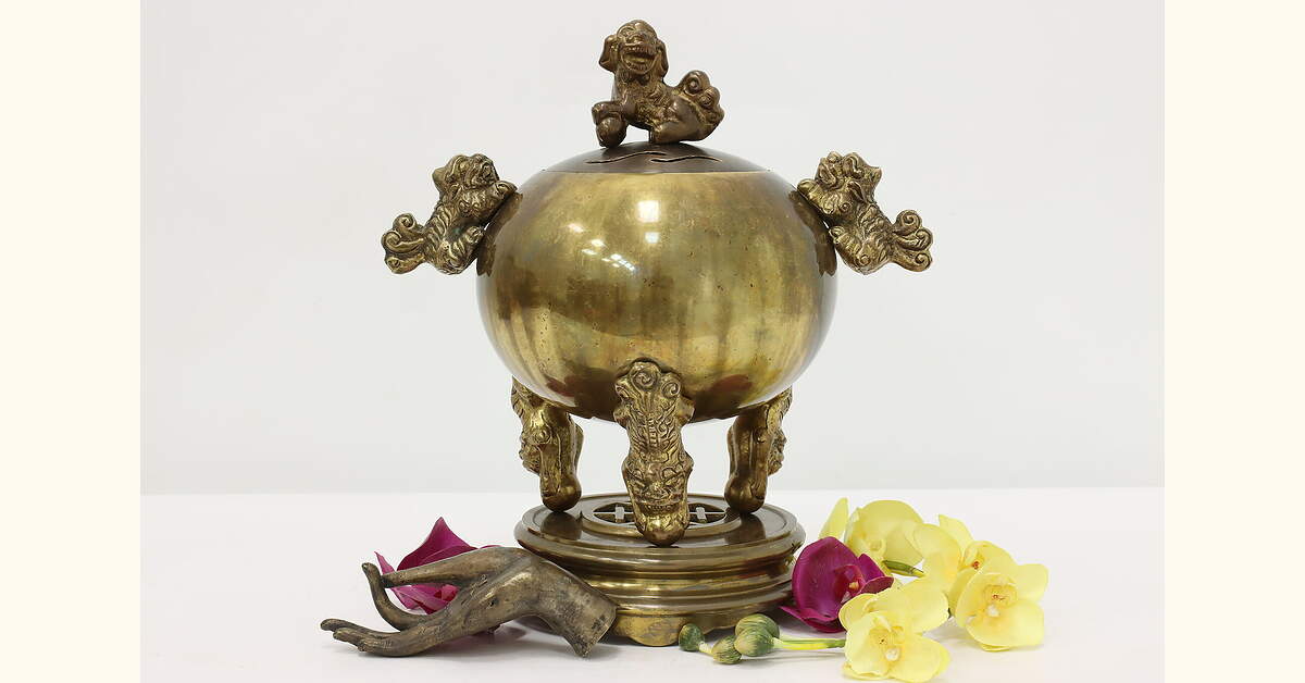 Chinese Antique Bronze Incense Burner or Censer, Foo Dogs