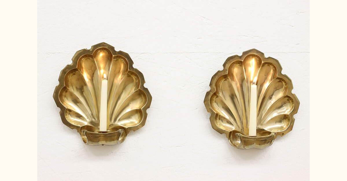 Pair of Vintage Brass Shell Wall Candle Sconces