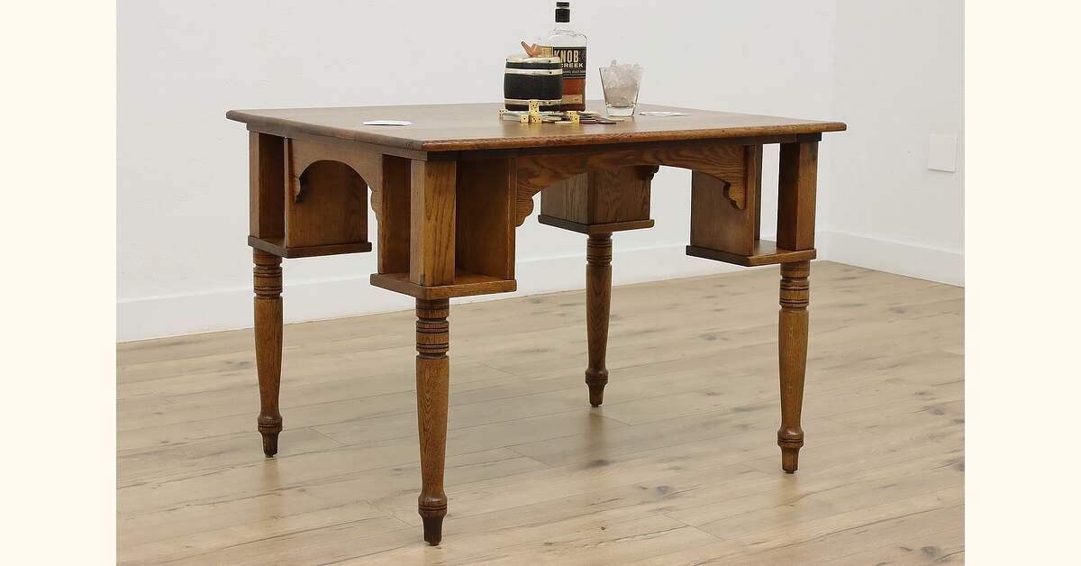 Victorian Antique Oak Pub Tavern Game Table, Drink Holders