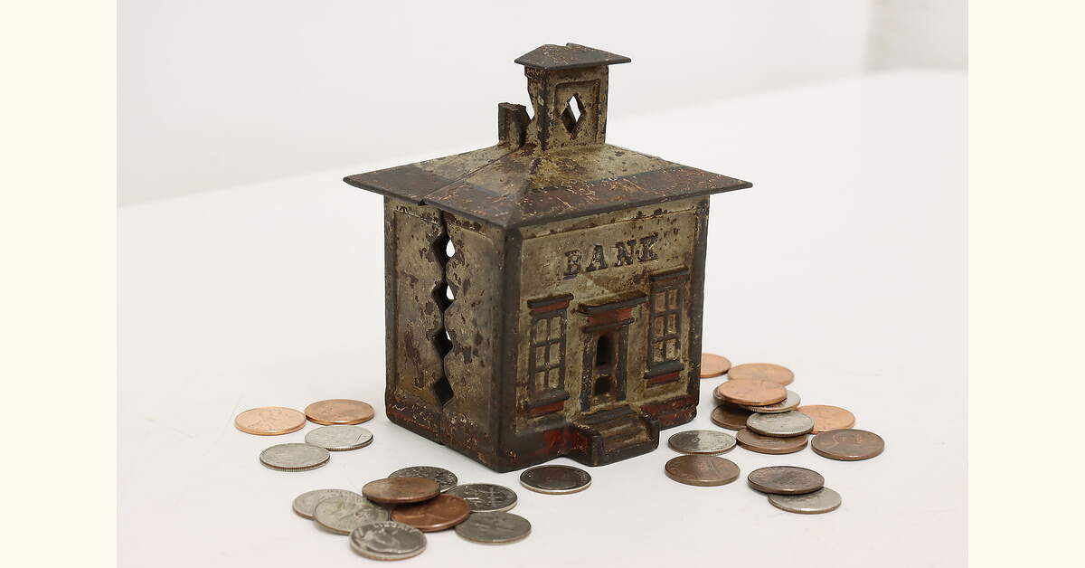 Victorian Painted Cast Iron Antique Bank Building Coin Bank