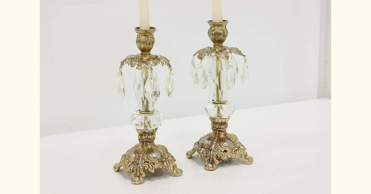 Pair of Renaissance Design Vintage Cut Glass Candlesticks