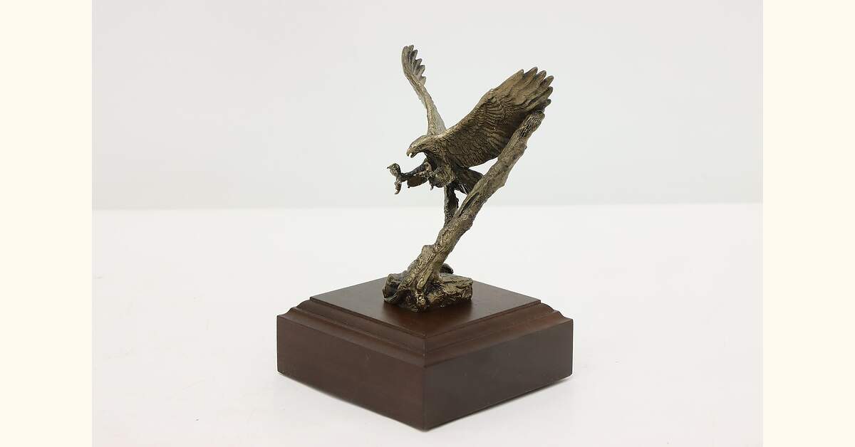 Flying Eagle Vintage Bronze Sculpture on Walnut Base, Shoop