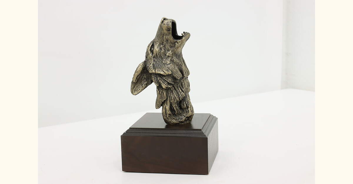 Wolf Head Vintage Bronze Sculpture on Walnut Base, Shoop