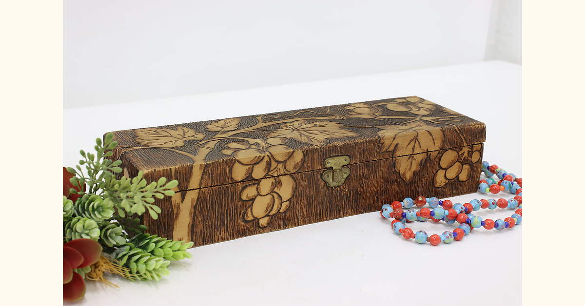 Folk Art Vintage Burnt Wood Pyrography Jewelry Keepsake Box