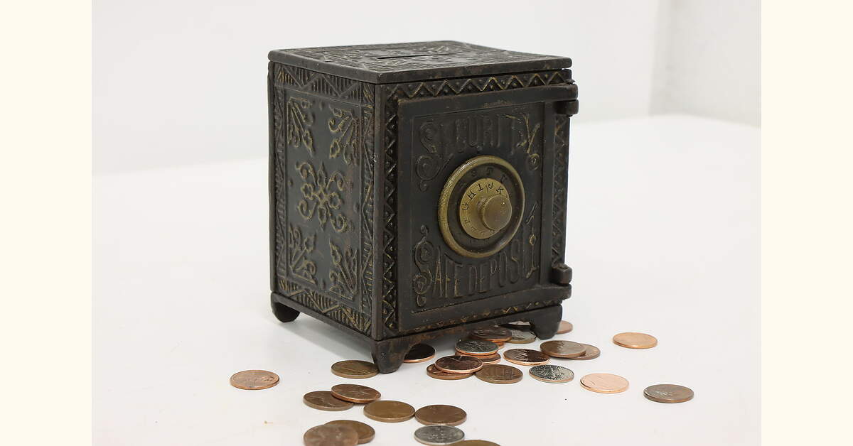 Victorian Cast Iron Antique Combination Coin Bank, Security
