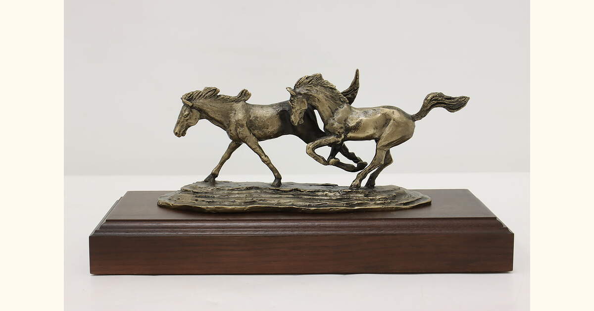 Wild Mustang Horses Bronze Sculpture on Walnut Base Shoop