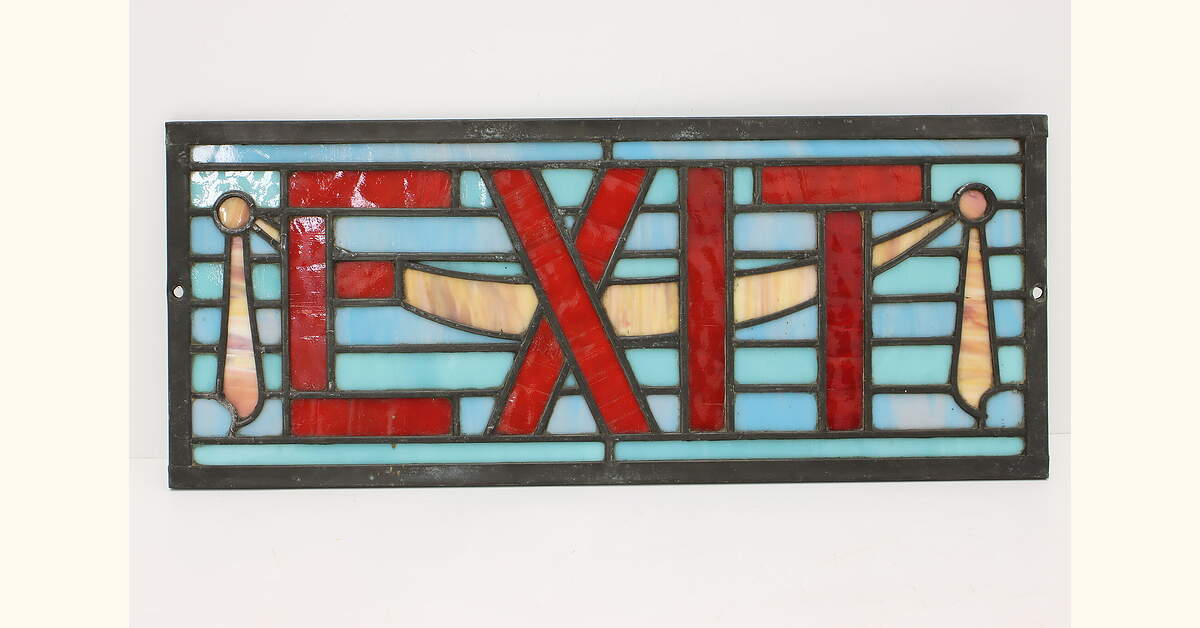 Art Deco Antique Arch Salvage Stained Leaded Glass Exit Sign
