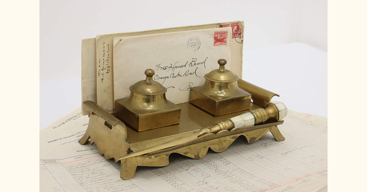Brass Vintage Desktop Double Inkwell, India