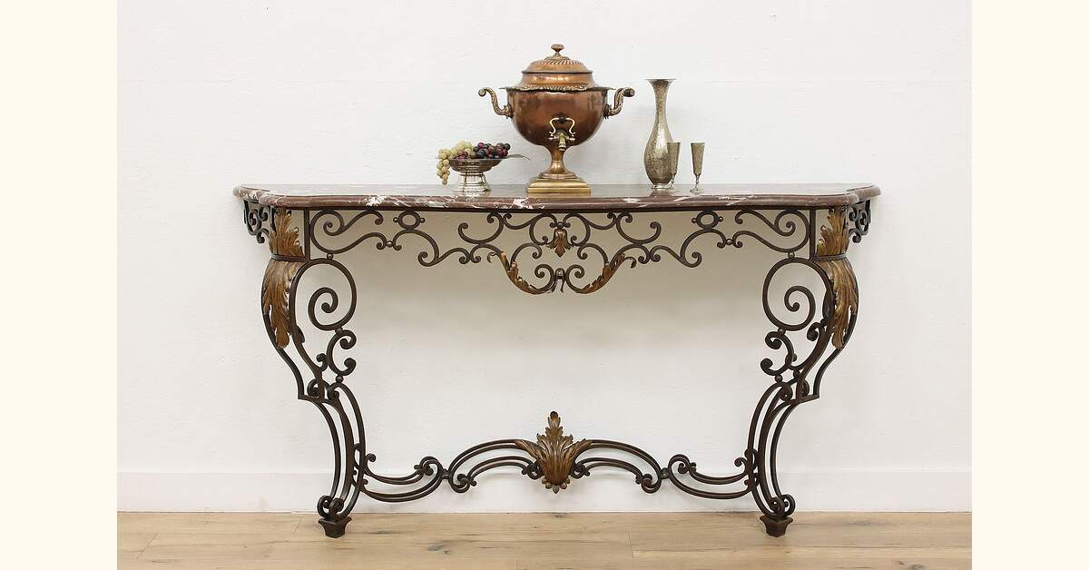 French Design Vintage Marble & Wrought Iron Entry Console