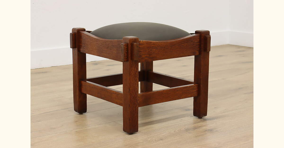 Arts & Crafts Mission Oak Antique Footstool, New Leather