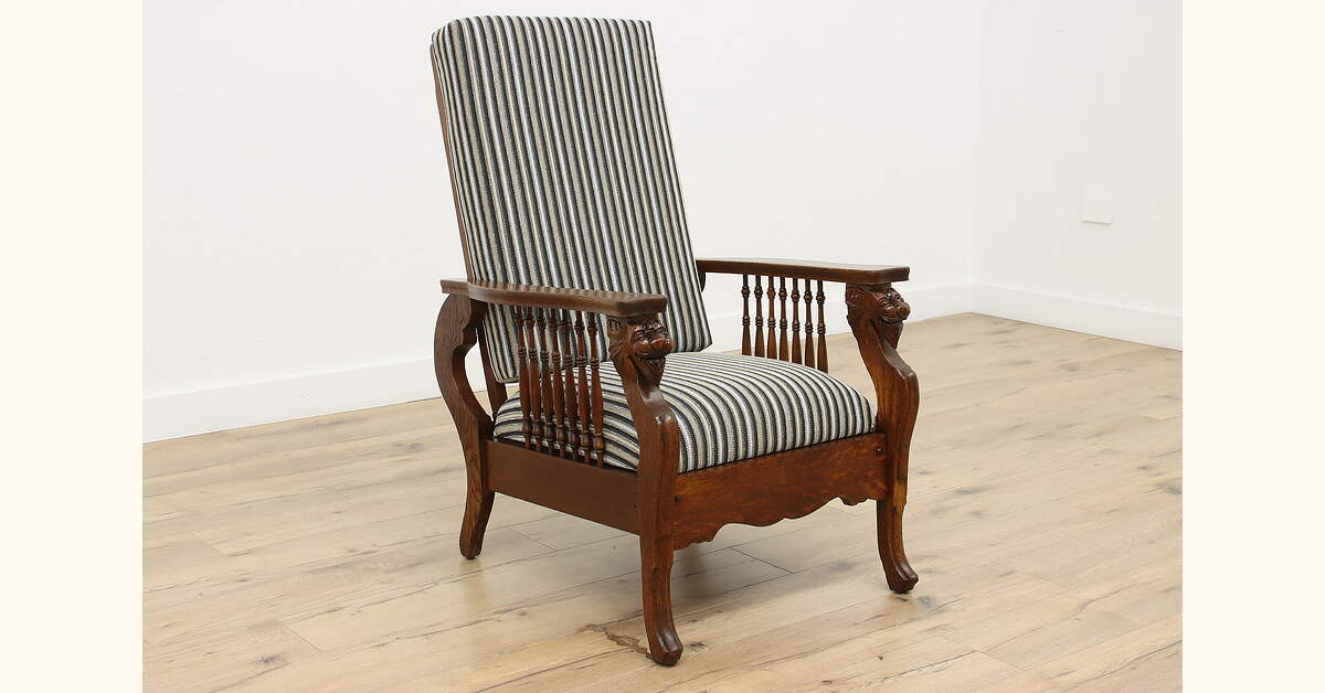 Victorian Antique Oak Recliner Morris Chair Lions New Fabric