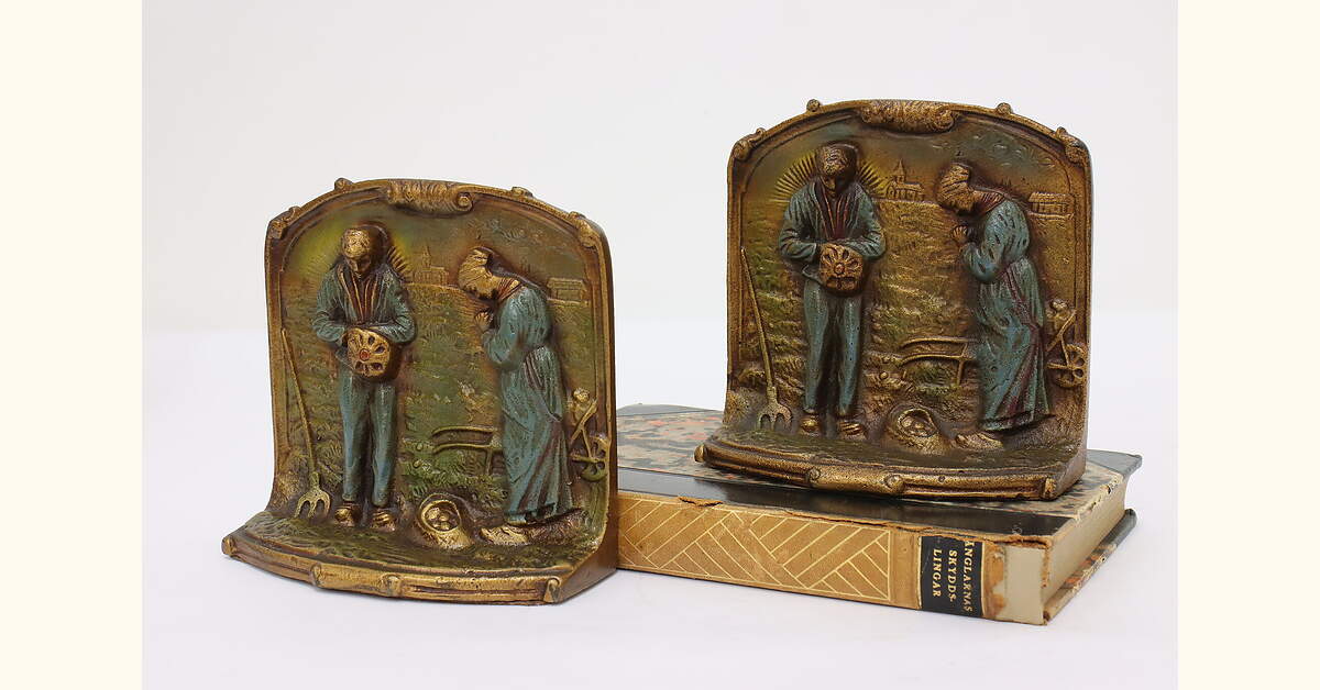 Pair Antique Hand Painted The Angelus after Millet Bookends