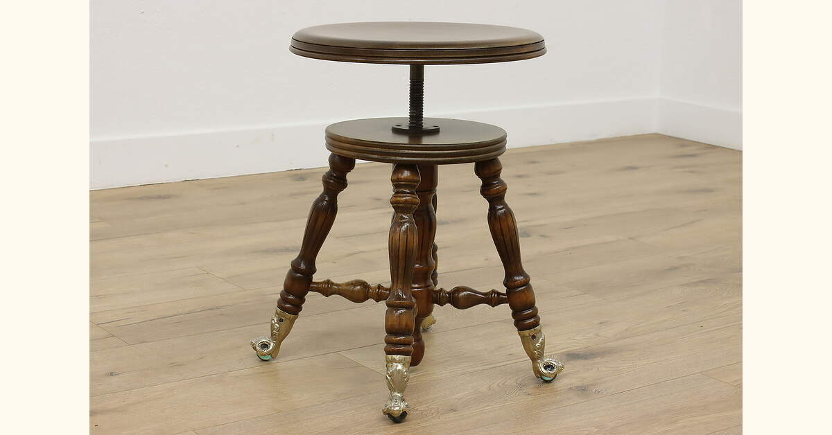 Victorian Design Vintage Birch Piano Organ Stool Glass Feet