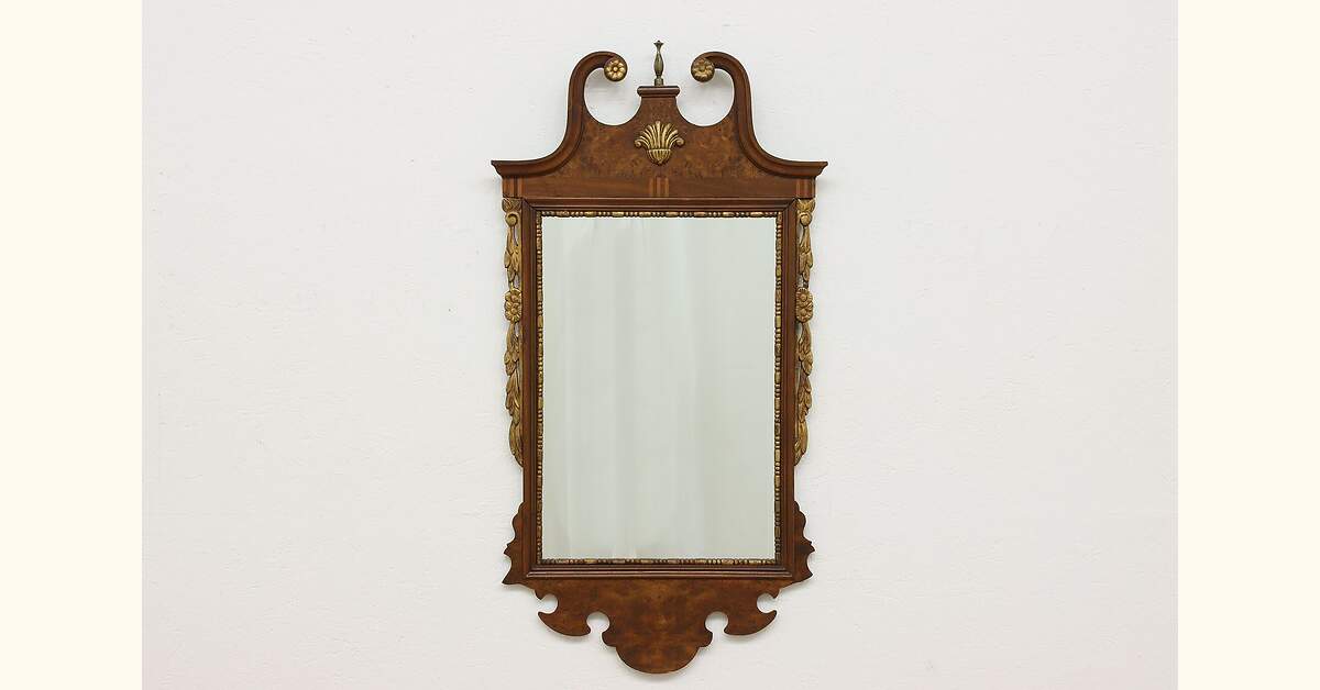 Georgian Antique Walnut & Burl Mirror, Gilt Accents