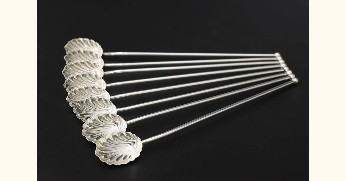 Set of 8 Vintage Sterling Silver Ice Tea Straw Spoons Shells