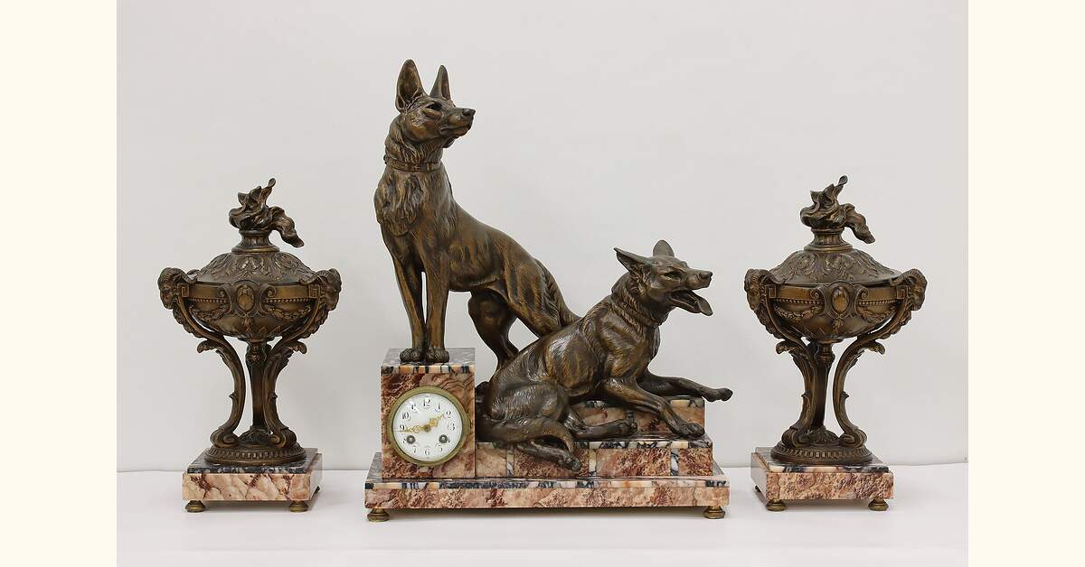 German Shepherd Antique 3 Pc Marble Mantel Clock Set Japy