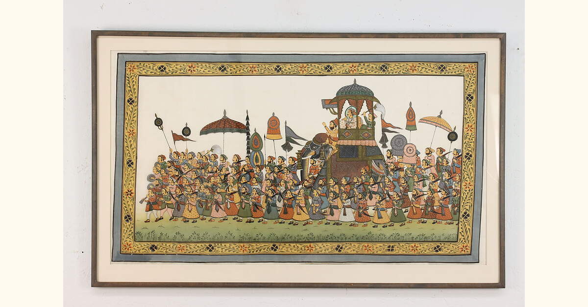 Indian Antique Gouache Silk Painting Royal Procession 43.5"