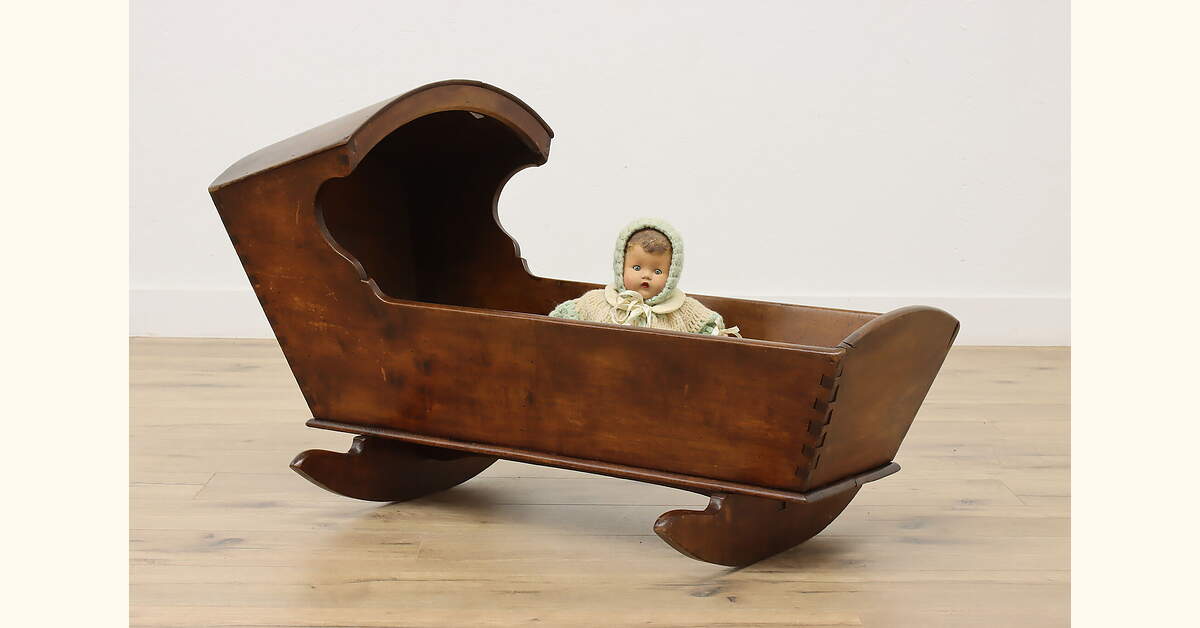 Farmhouse Victorian Antique Birch Rocking Baby Cradle