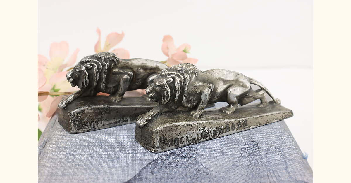 Pair of Antique Pewter Lion Desk Paperweights, Sager