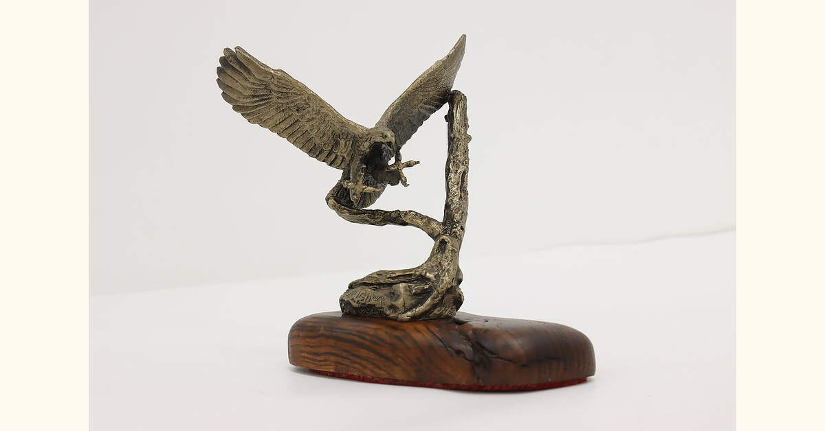 Hunting Eagle Vintage Bronze Sculpture on Oak Base, Shoop