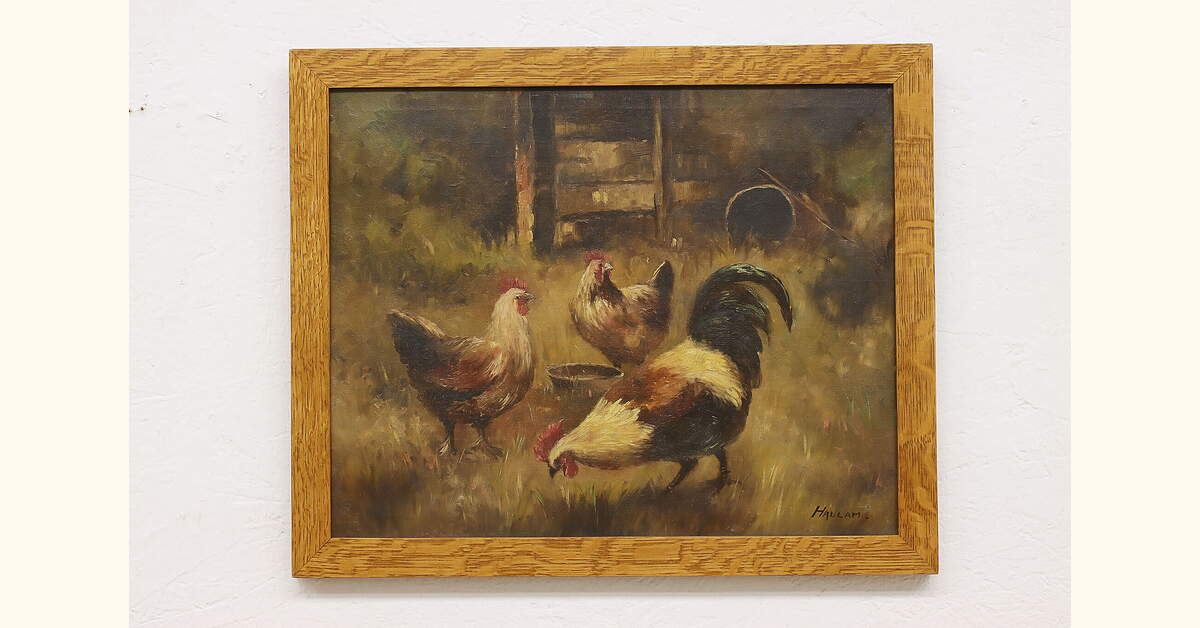 Farmyard Chickens Antique Original Oil Painting Hallam 22.5"