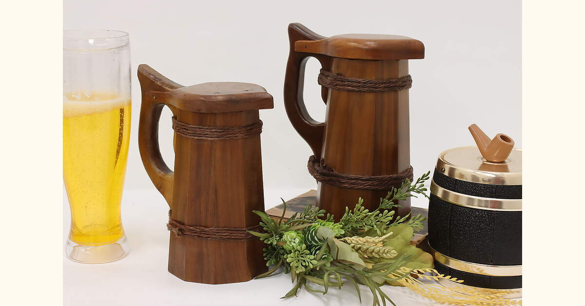Pair of Farmhouse Vintage Walnut Beer Steins or Tankards