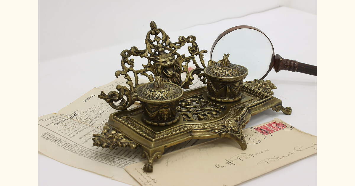 Belgian Antique Classical Brass Desktop Double Inkwell