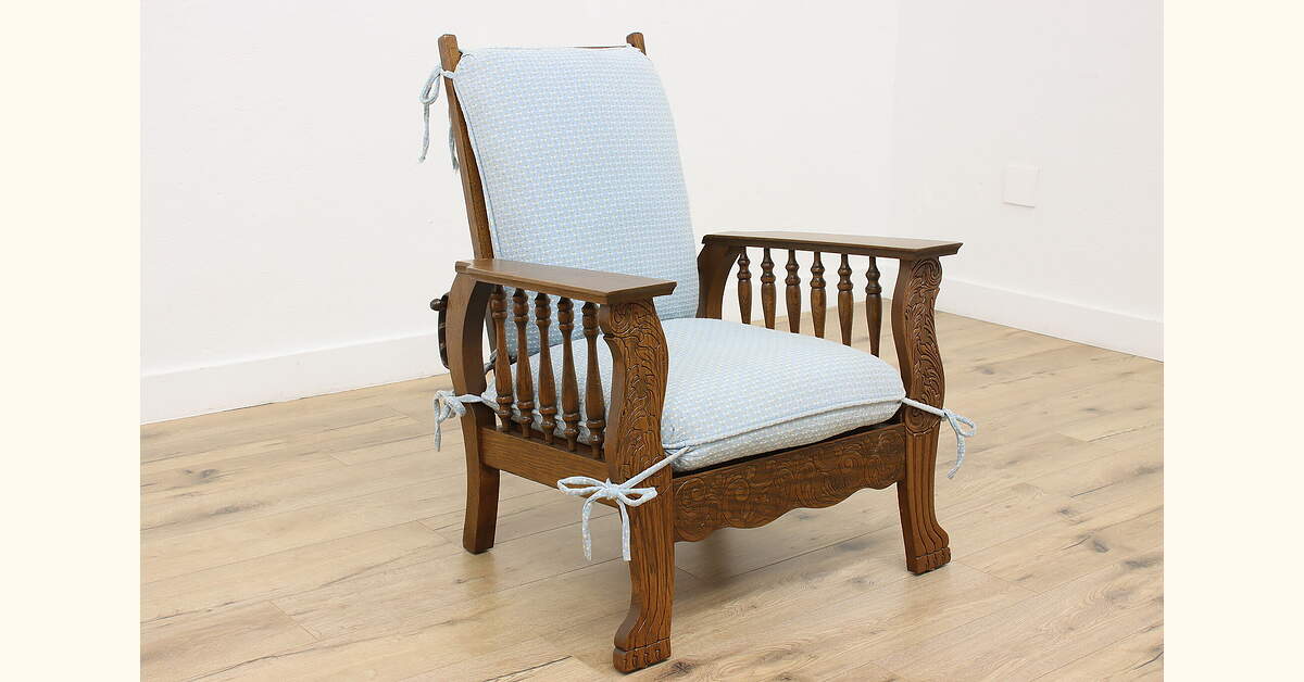 Victorian Antique Carved Oak Morris Recliner Chair, Cushions