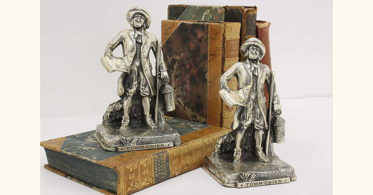 Pair of Vintage Nickel Town Crier Library Bookends, PMC