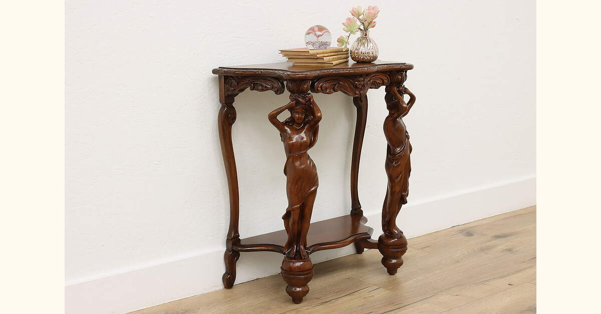 Carved Sculptures Antique Walnut Hall Console Table