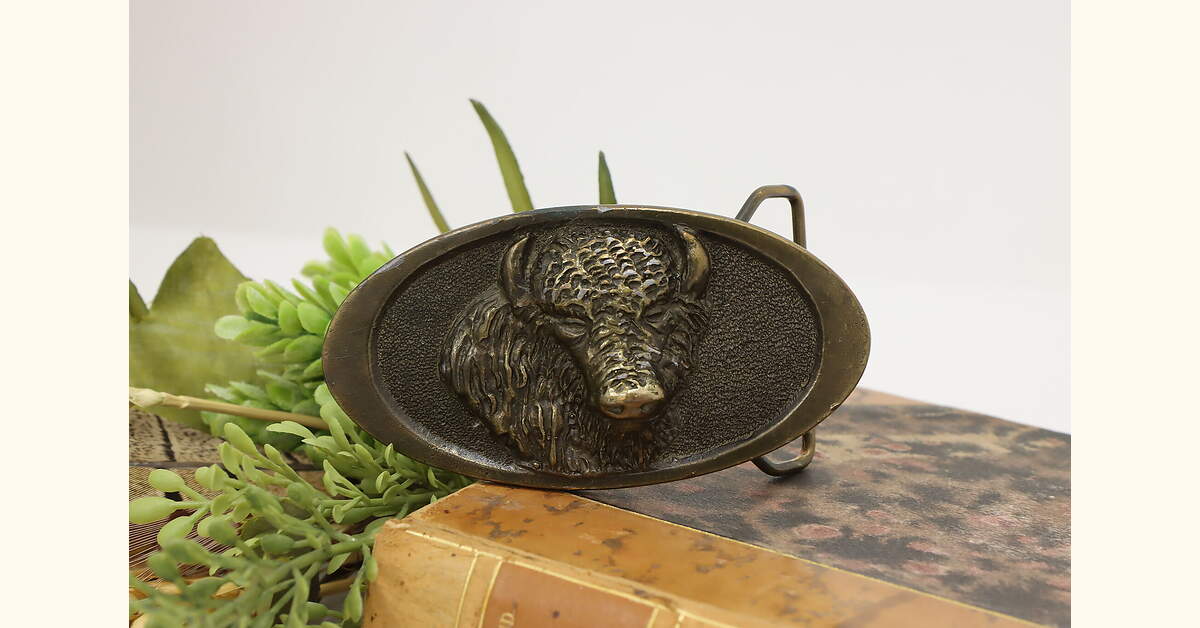 Bison Head Vintage Brass Plated Belt Buckle, Adezy