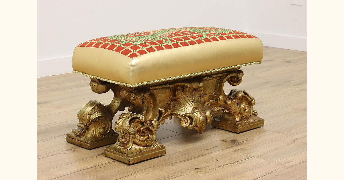 Rococo Design Antique Carved Gold Leaf Boudoir Bench, Dragon