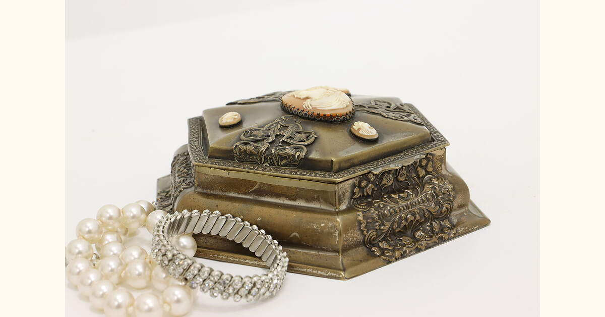 Nickel & Brass Antique Jewelry Box Cameos Tausca