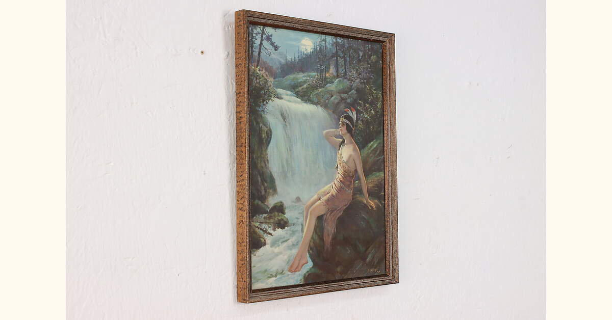 Indian Woman & Waterfall Antique Art Print F.R. Harper 11"
