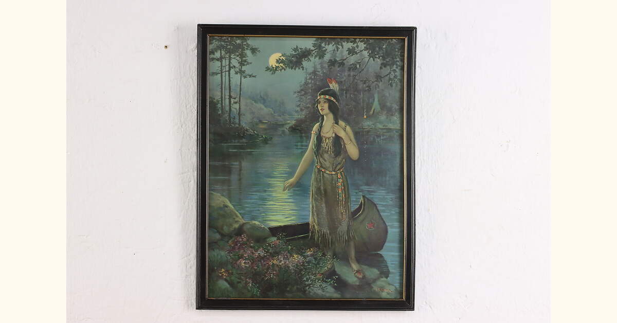 Native Woman with Canoe Antique Art Print F.R. Harper 13"