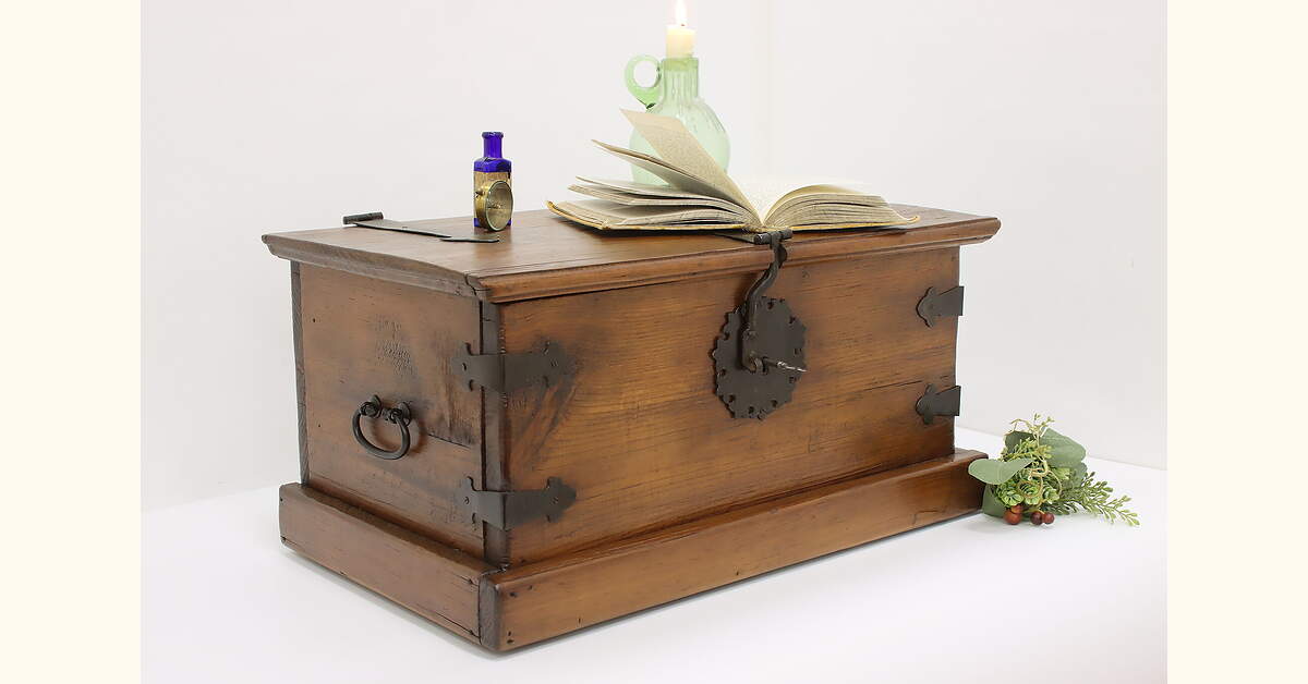 Spanish Colonial Vintage Pine & Iron Treasure Box Tool Chest