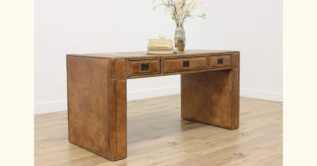 Leather Clad Vintage Office or Library Desk, Brass Nailheads